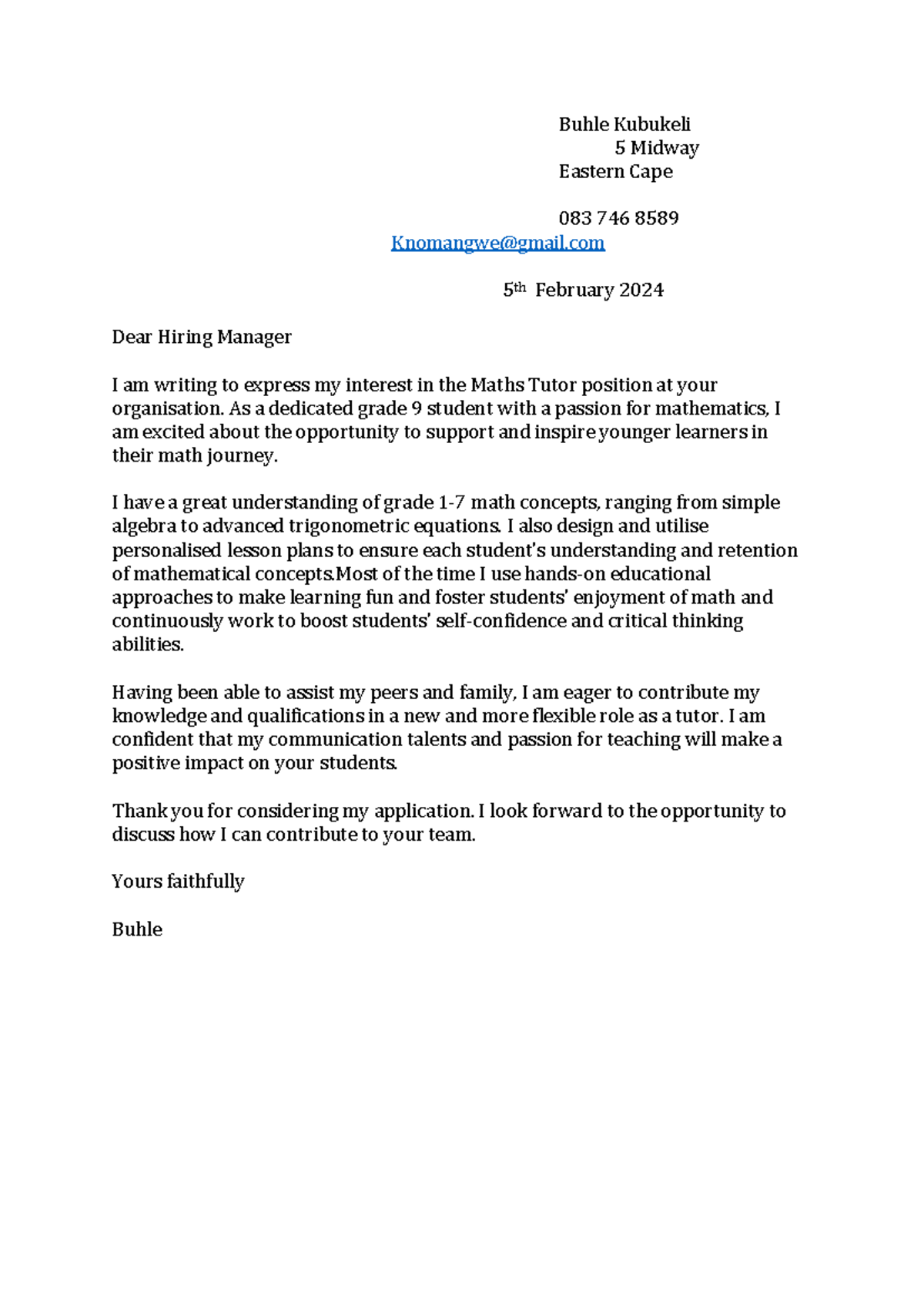 Math Tutor Application Cover Letter - Grade 9 Student - Studocu