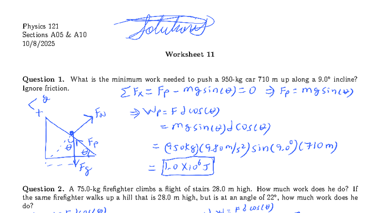 Physics 121 Worksheet 11 Solutions: Work and Energy Problems - Studocu