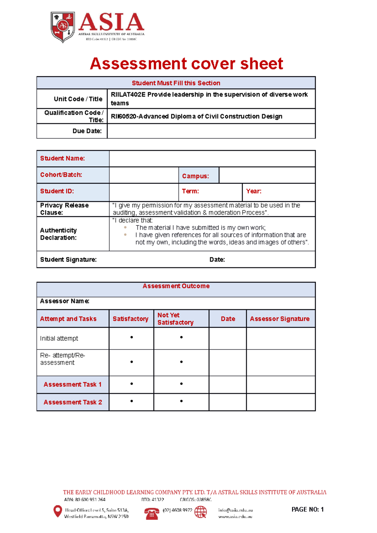 Riilat 402E Student Assessment Tasks - Assessment cover sheet Student Must Fill this Section ...