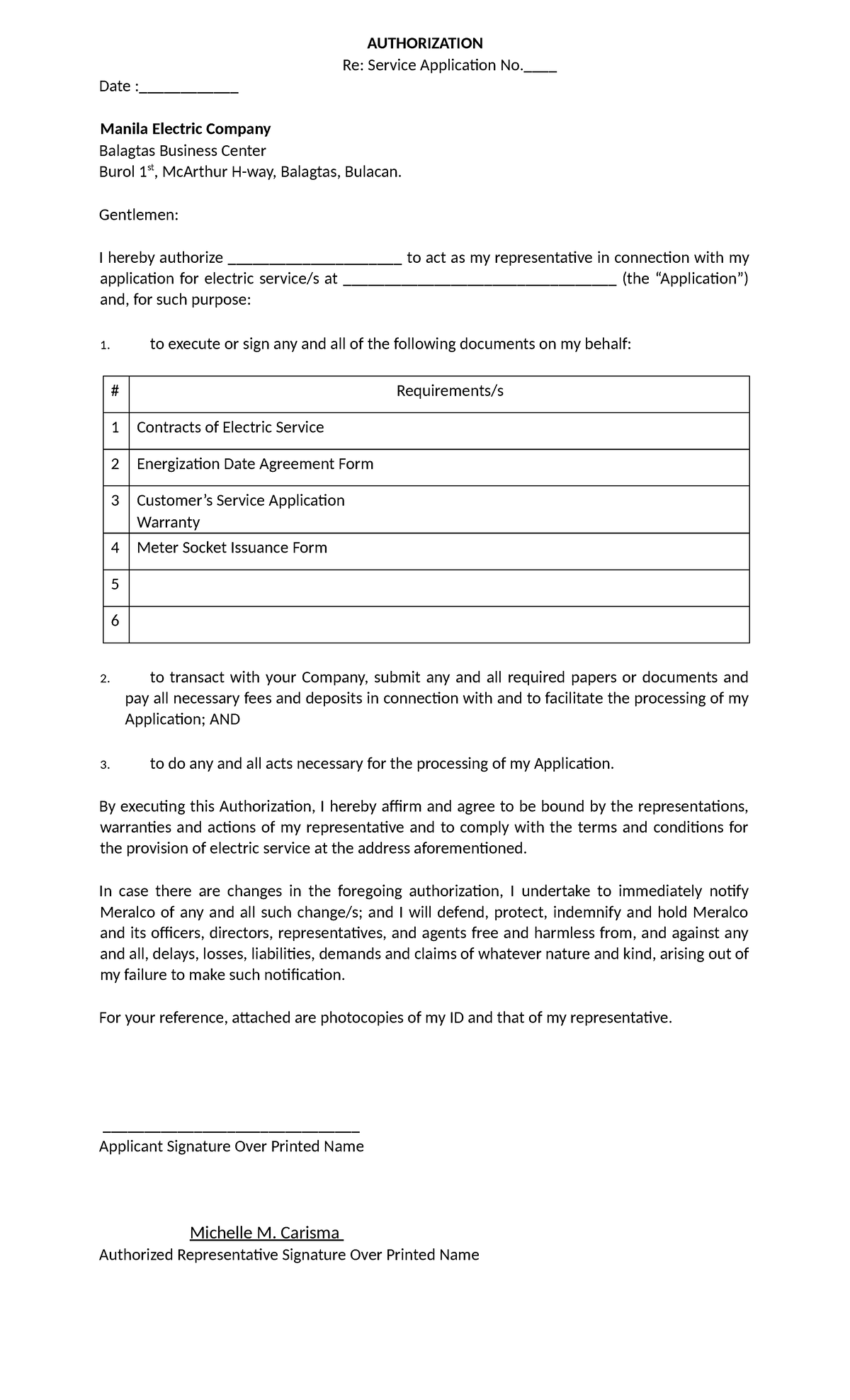 Meralco Service Application Authorization and Warranty Document - Studocu
