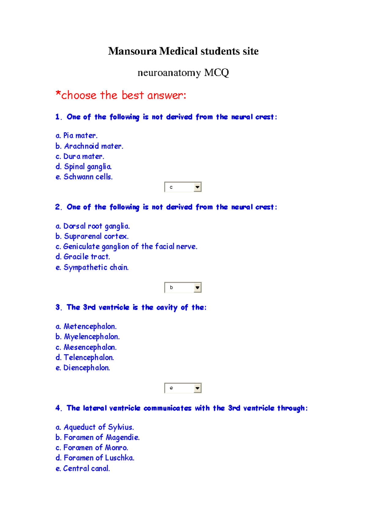 Neuroanatomy MCQs for Mansoura Medical Students: Key Answers and ...