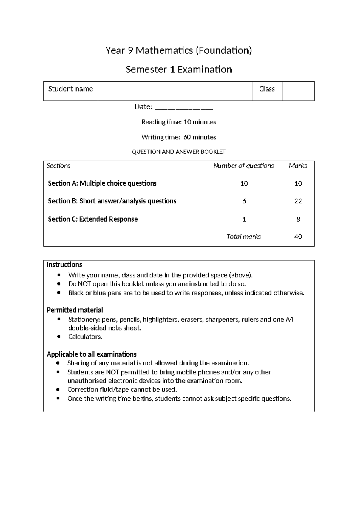 2022 Y9 Sem 1 Exam (Foundation) - Year 9 Mathematics (Foundation ...