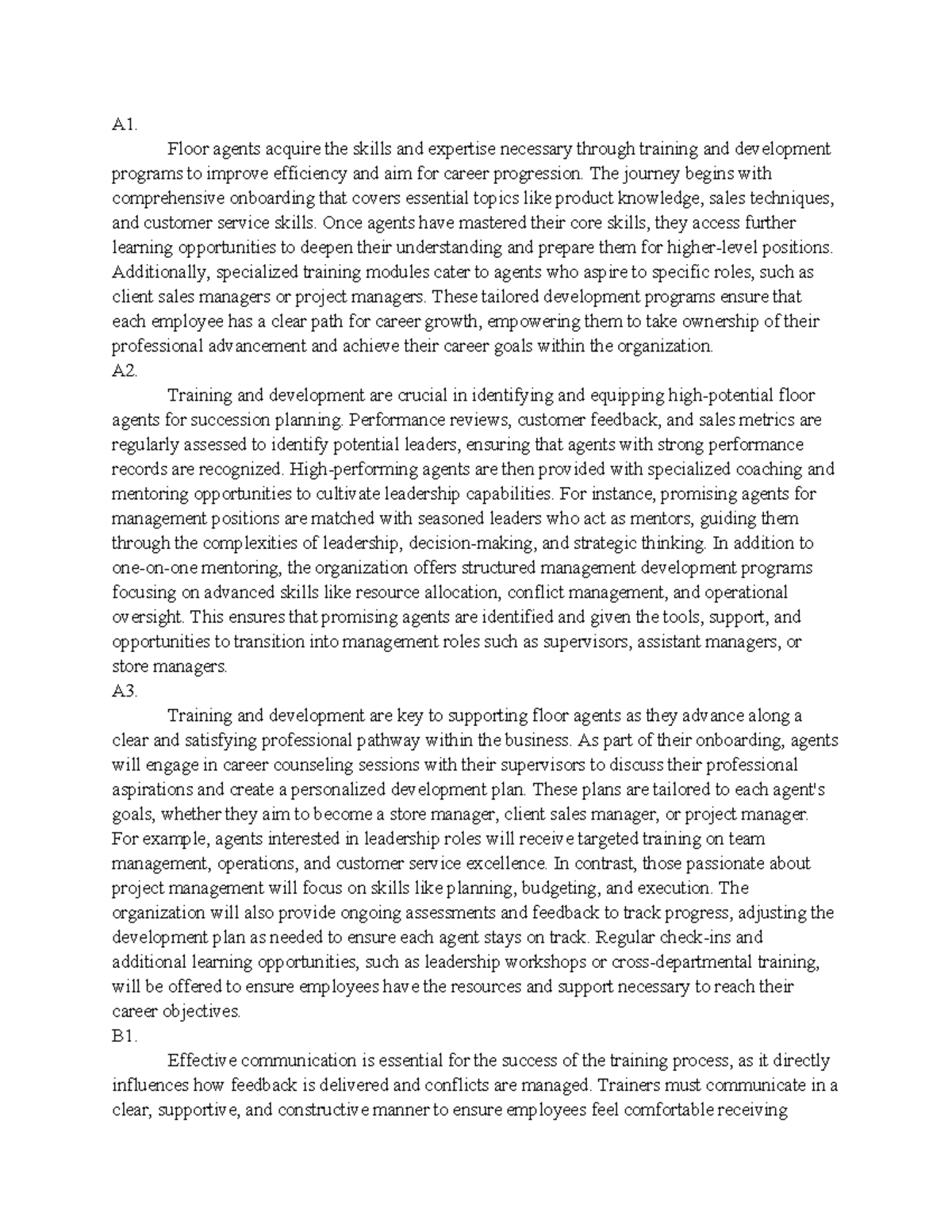 D353 Task 3 Passed - A1. Floor agents acquire the skills and expertise ...