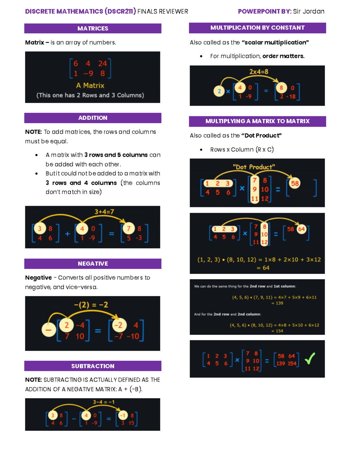 DSCR- Finals - DISCRETE MATHEMATICS (DSCR211) FINALS REVIEWER POWERPOINT BY: Sir Jordan MATRICES ...