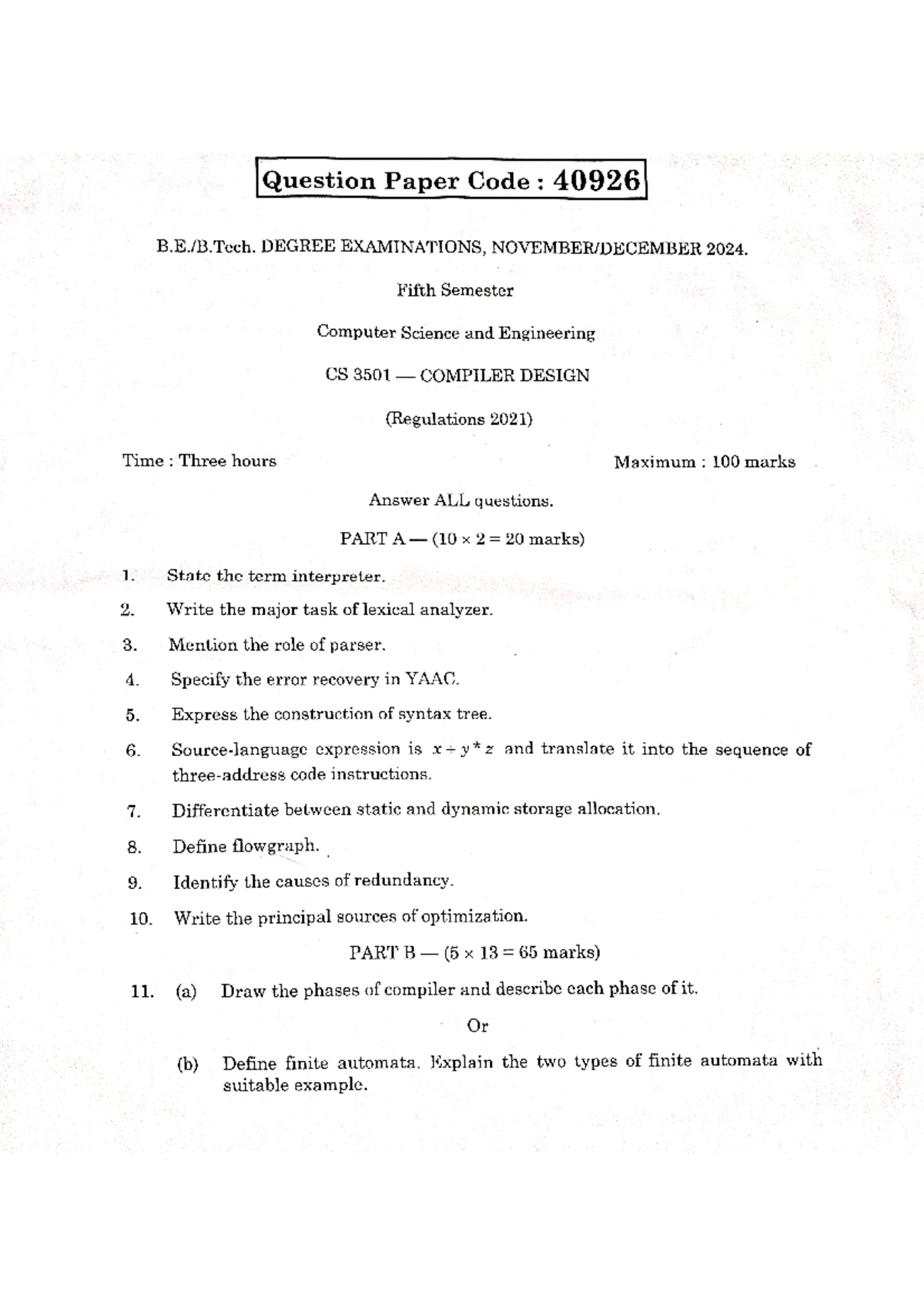 CS 3501 Compiler Design Exam QP 2024-25: Degree Examination Questions ...