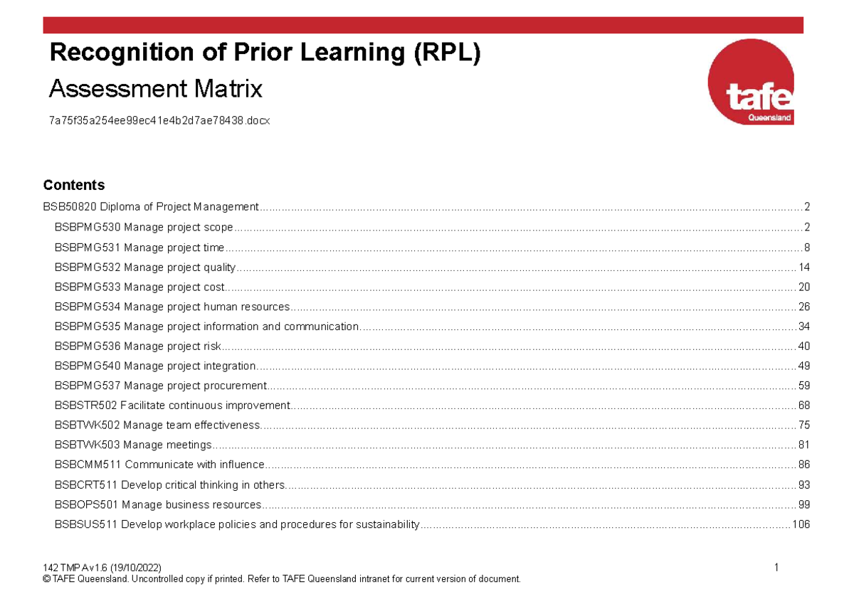 BSB50820 RPL Assessment Matrix for Project Management Units - Studocu
