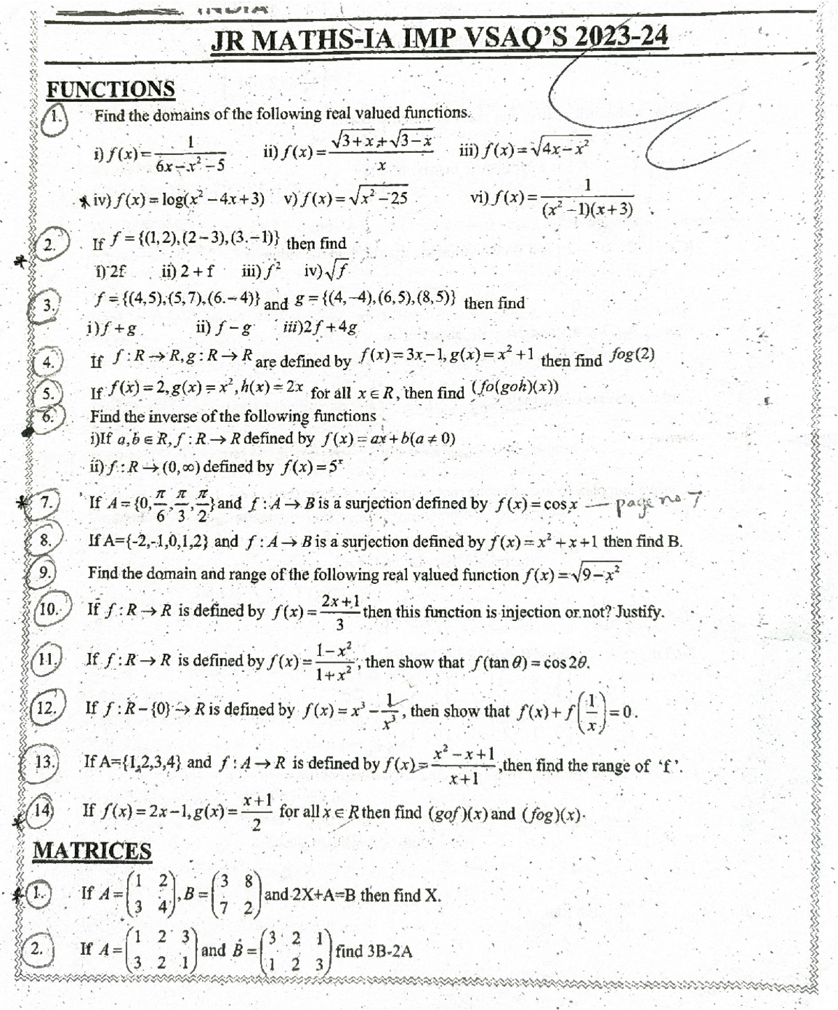 Math 1A - Practice Questions on Functions, Matrices, and Trigonometry ...
