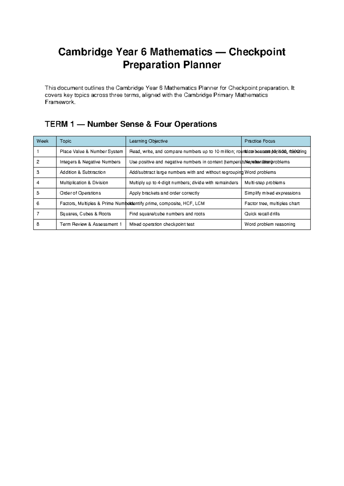 Cambridge Year 6 Maths Checkpoint Prep Planner - Studocu