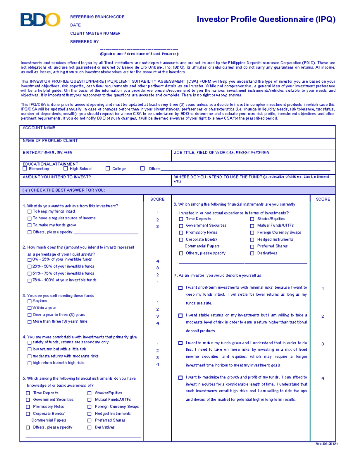 BDO Investor Profile Questionnaire (IPQ) - Suitability Assessment Form ...
