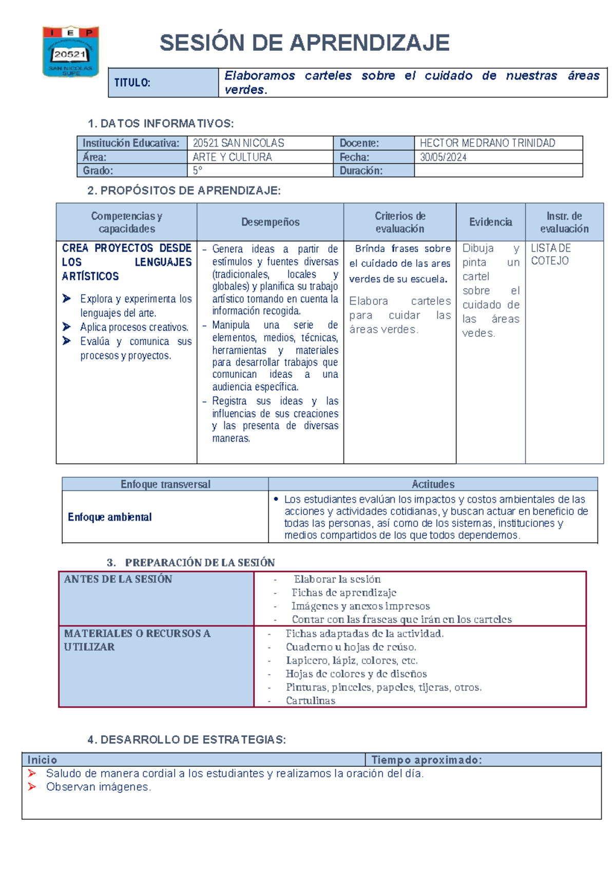 Sesión de Aprendizaje: Elaboración de Carteles sobre Áreas Verdes - Studocu