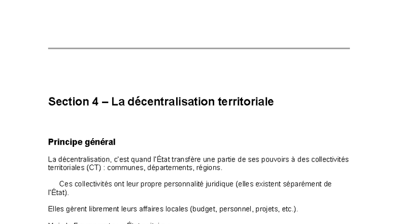 Section 4: La Décentralisation Territoriale en France - Principes et ...
