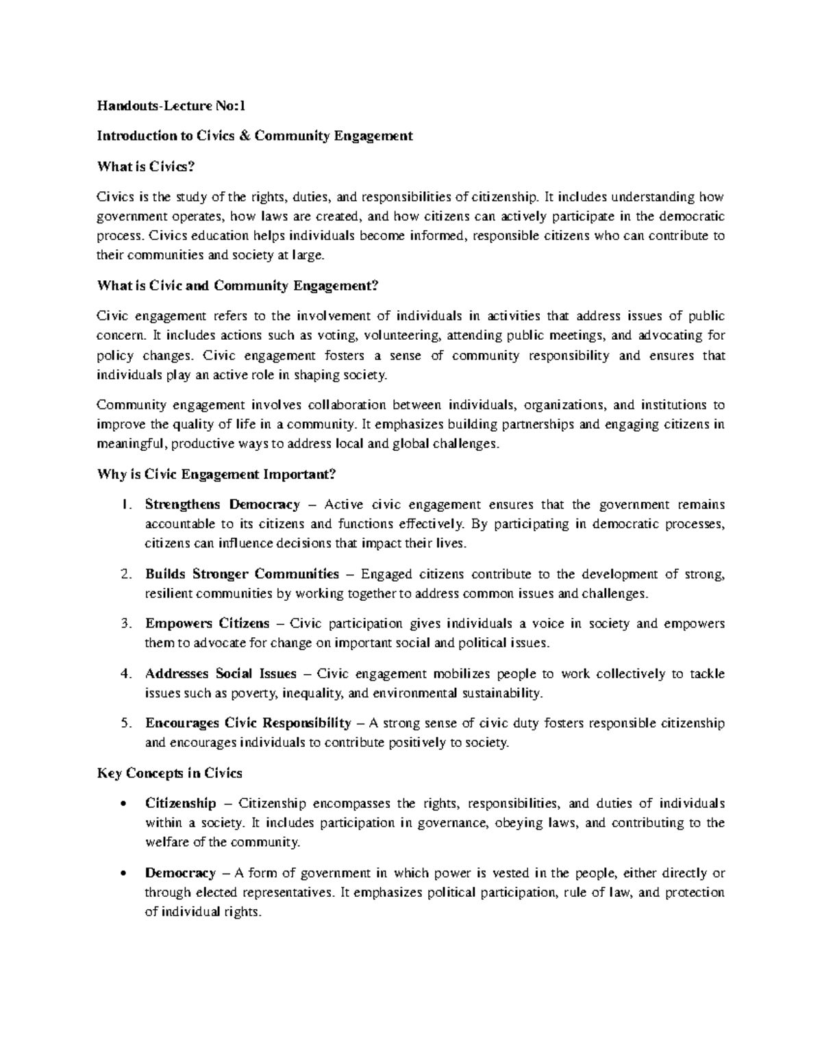 CIV101: Introduction to Civics & Community Engagement Overview - Studocu