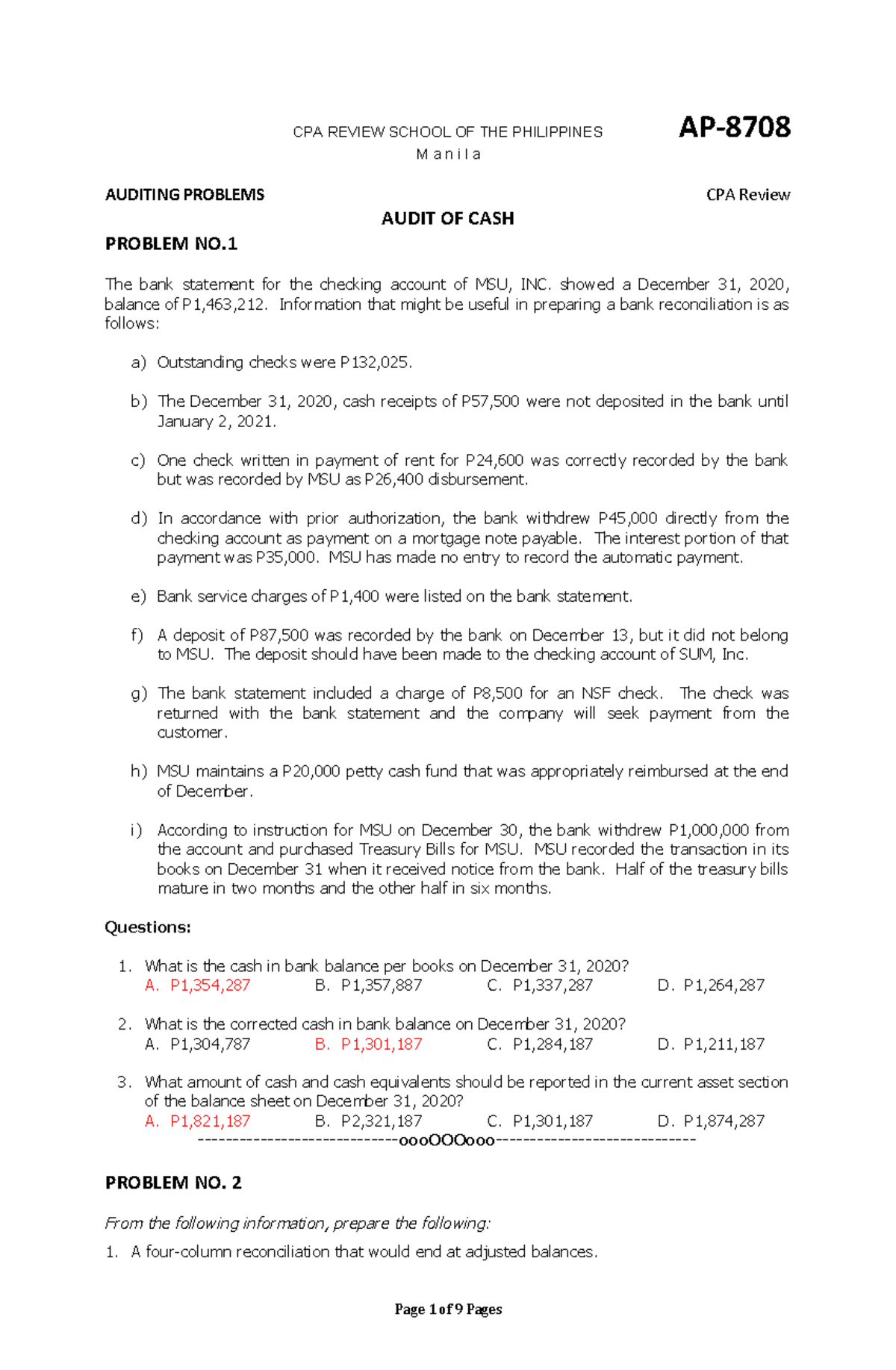 Audit of Cash Problems - Reviewer (CPA Review AP) - Studocu