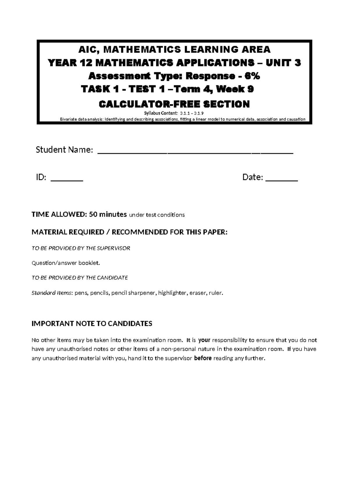 Year 12 Maths Applications AT1 Test 1 (Unit 3) - Calculator Sections ...