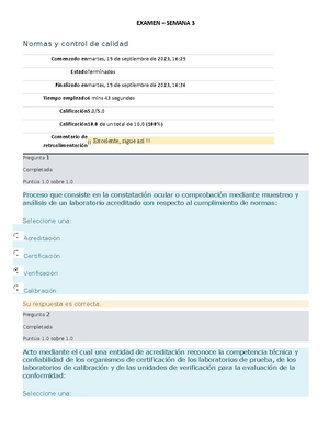 Modalidad de exámenes Semana 6 Revisión del intento - Normas y control de calidad Comenzado en ...
