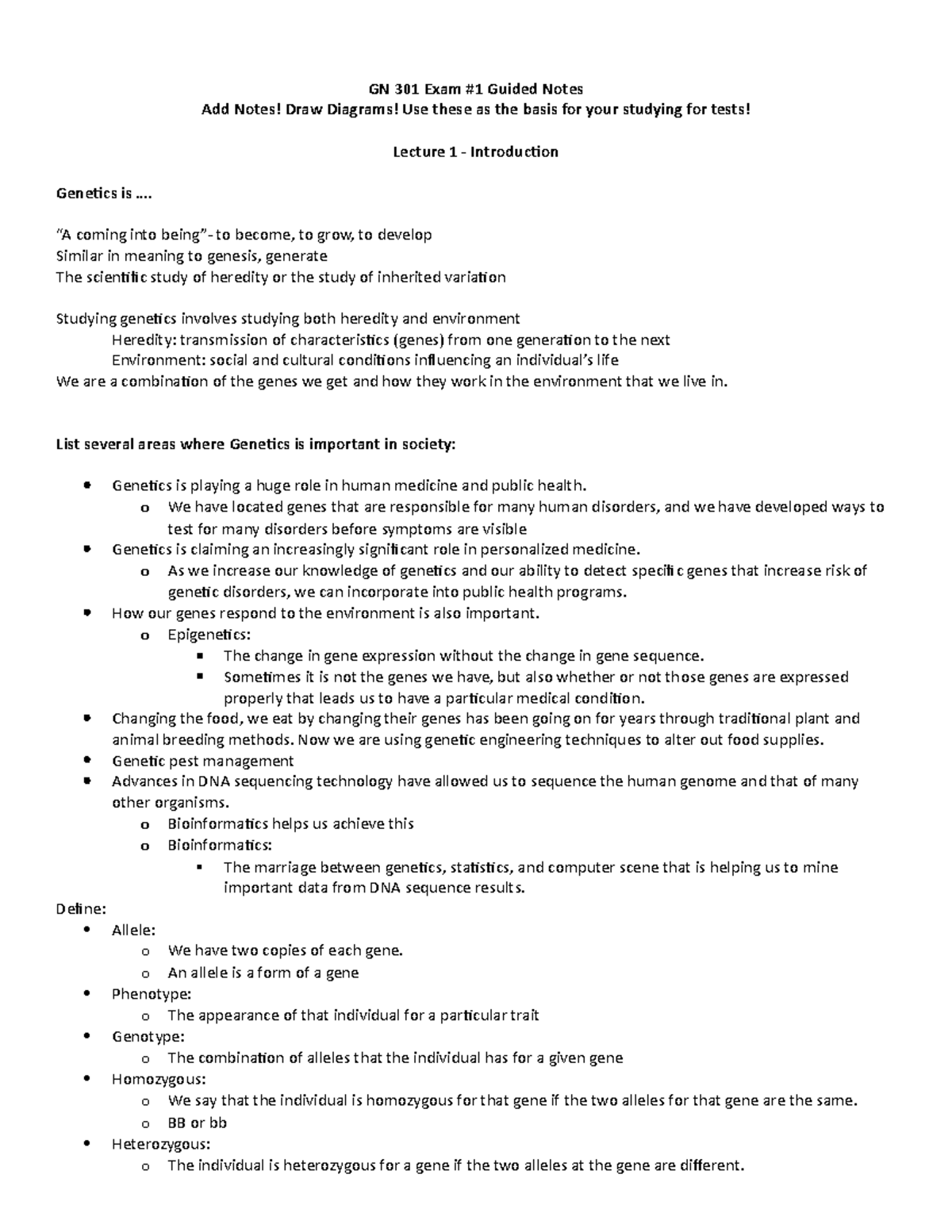 GN 301 Test 1 Guided Notes: Genetics, Inheritance & Public Health ...