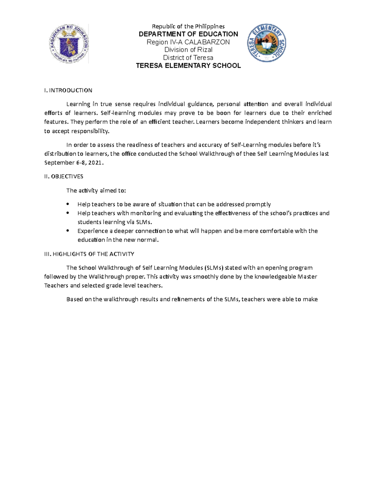 Narrative report on SLM Walkthrough - Republic of the Philippines ...