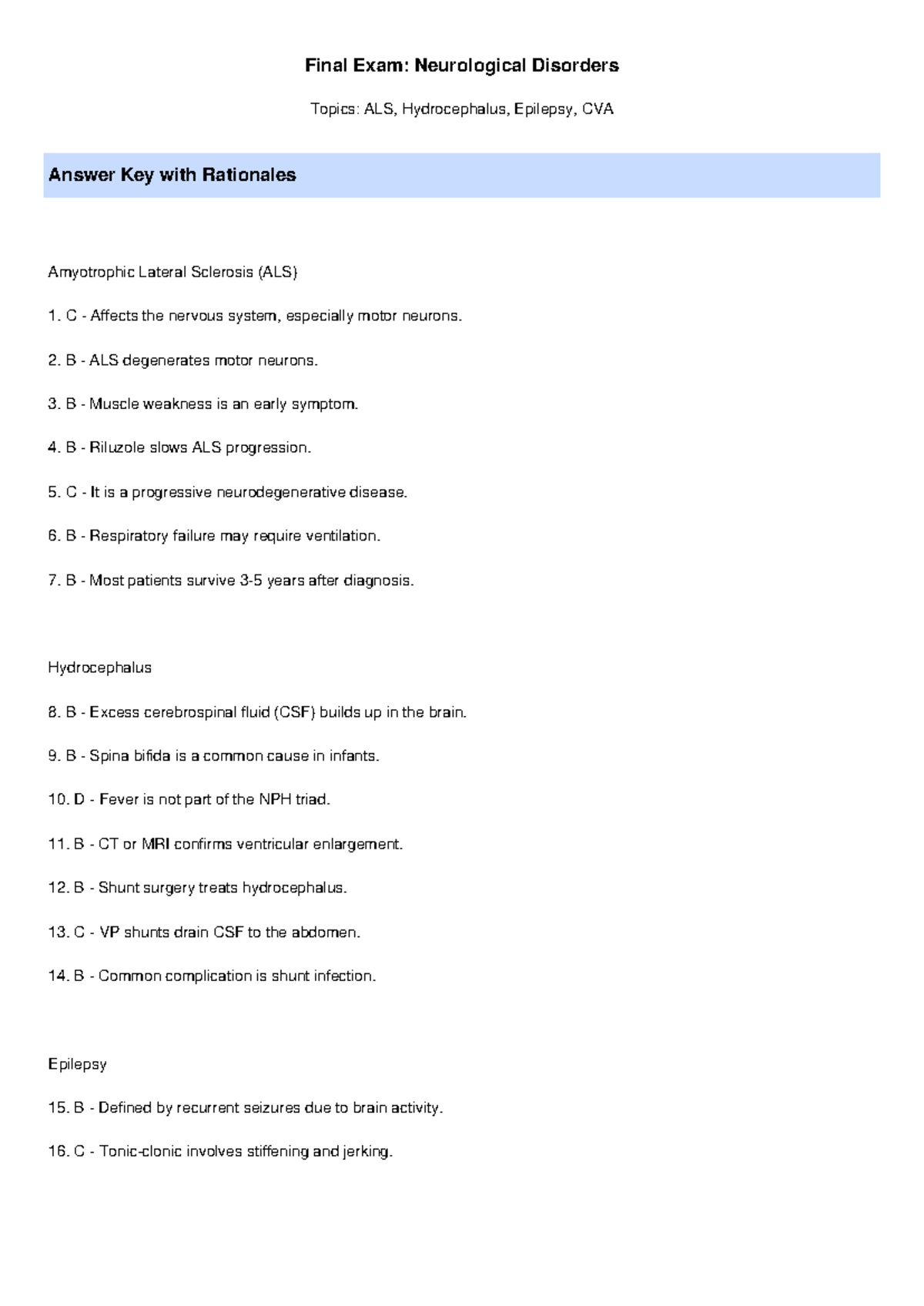 Final Exam: Neurological Disorders Answer Key (ALS, Hydrocephalus ...