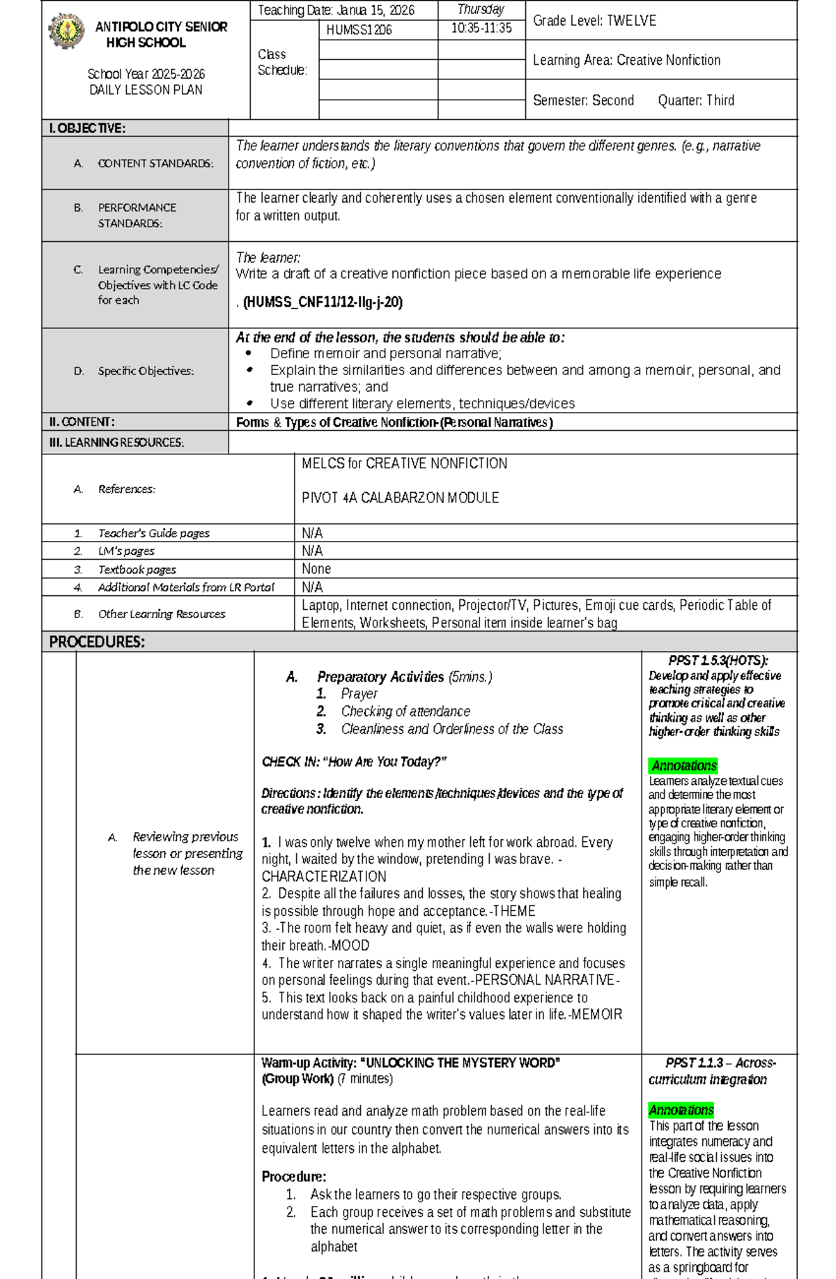 HUMSS1206 Creative Nonfiction Daily Lesson Plan DLP 2025-2026 - Studocu