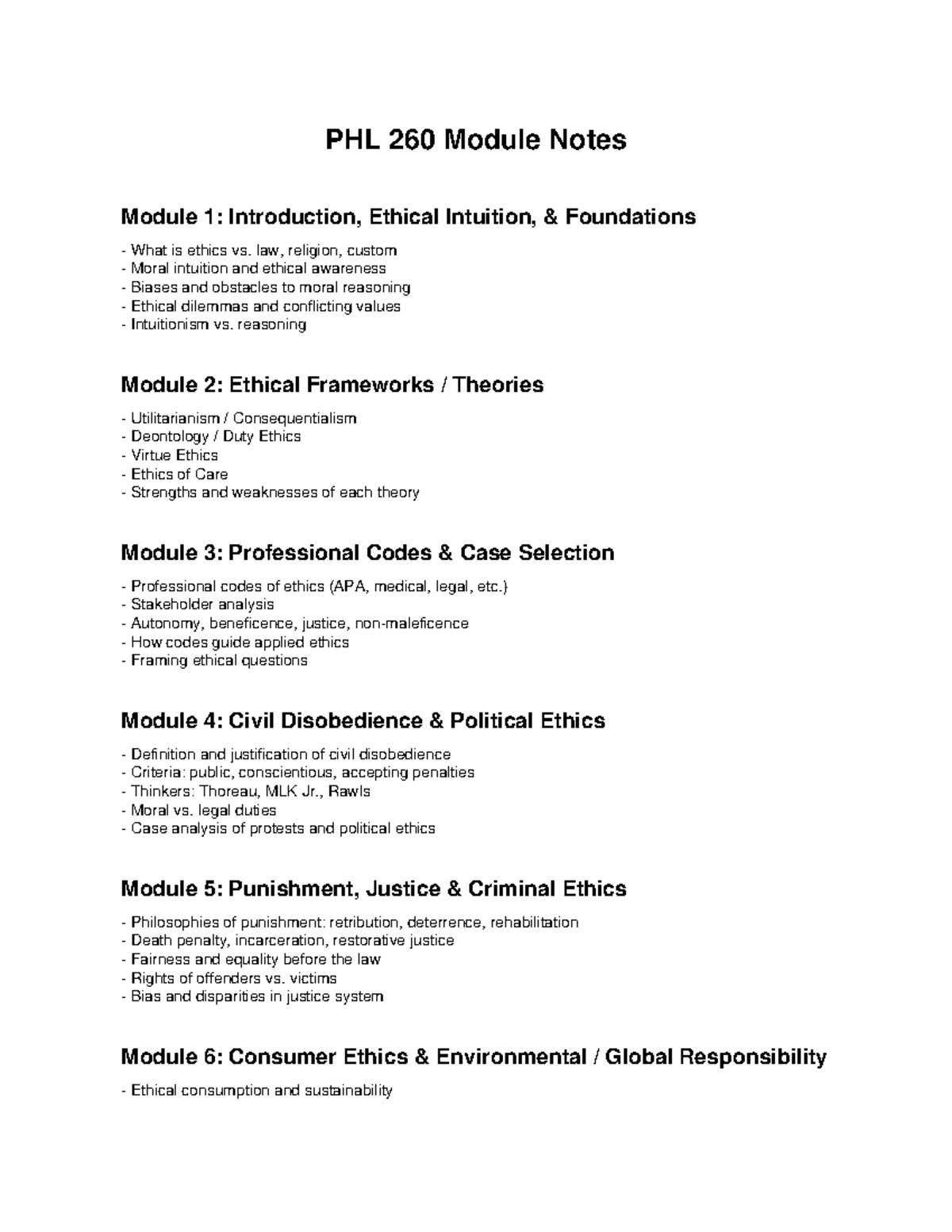 PHL 260 Module Notes: Ethics, Frameworks, and Civil Disobedience - Studocu