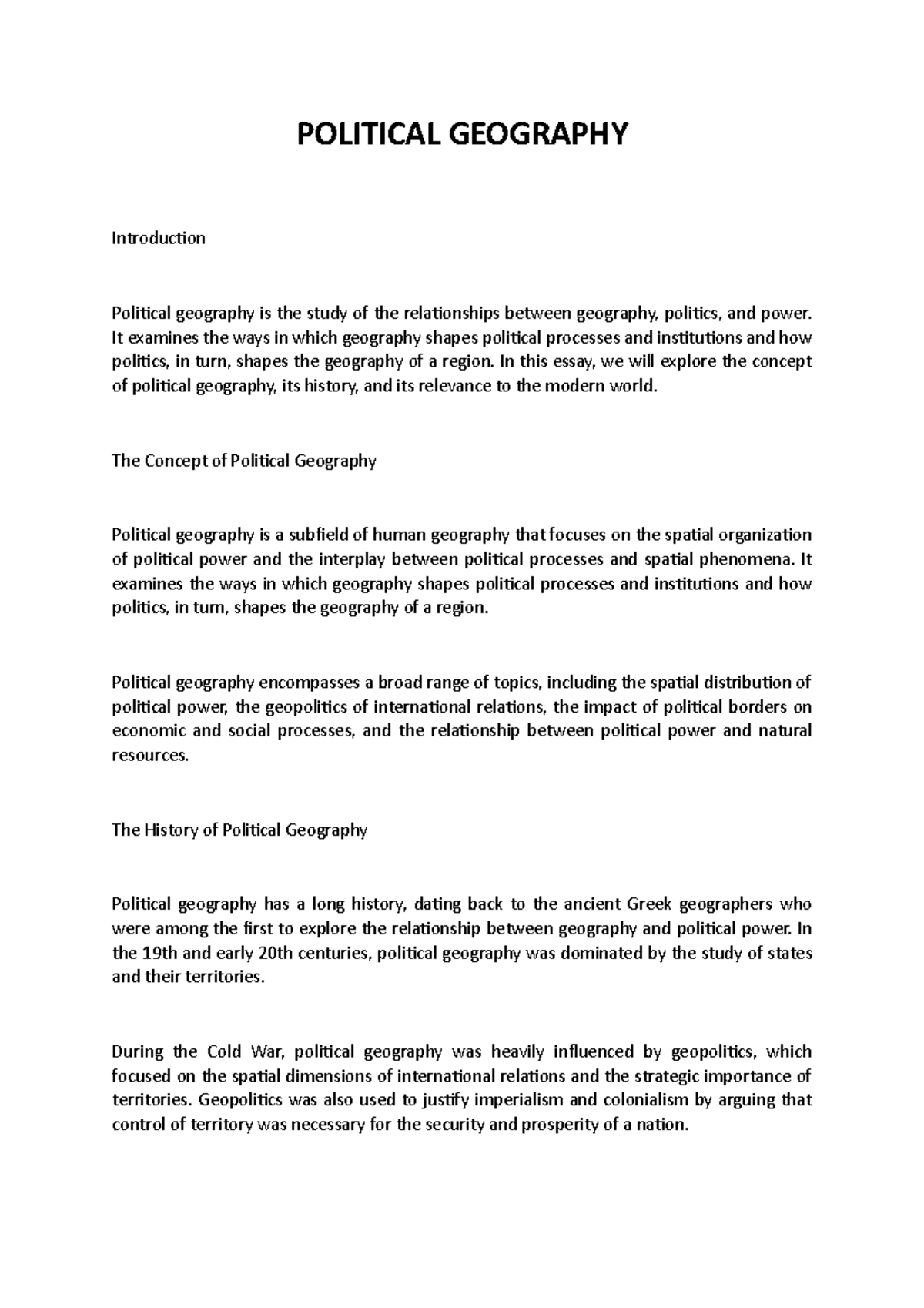 Political Geography Essay Insights: Concepts & Relevance - Studocu