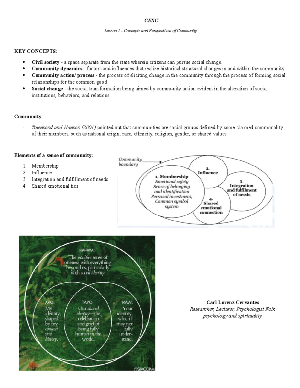 CESC 101 - Lesson 1: Concepts & Perspectives of Community - Studocu