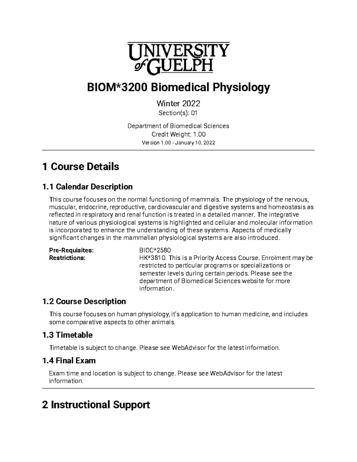 BIOM 3200 Winter 2022 - Biomedical Physiology Course Outline - Studocu