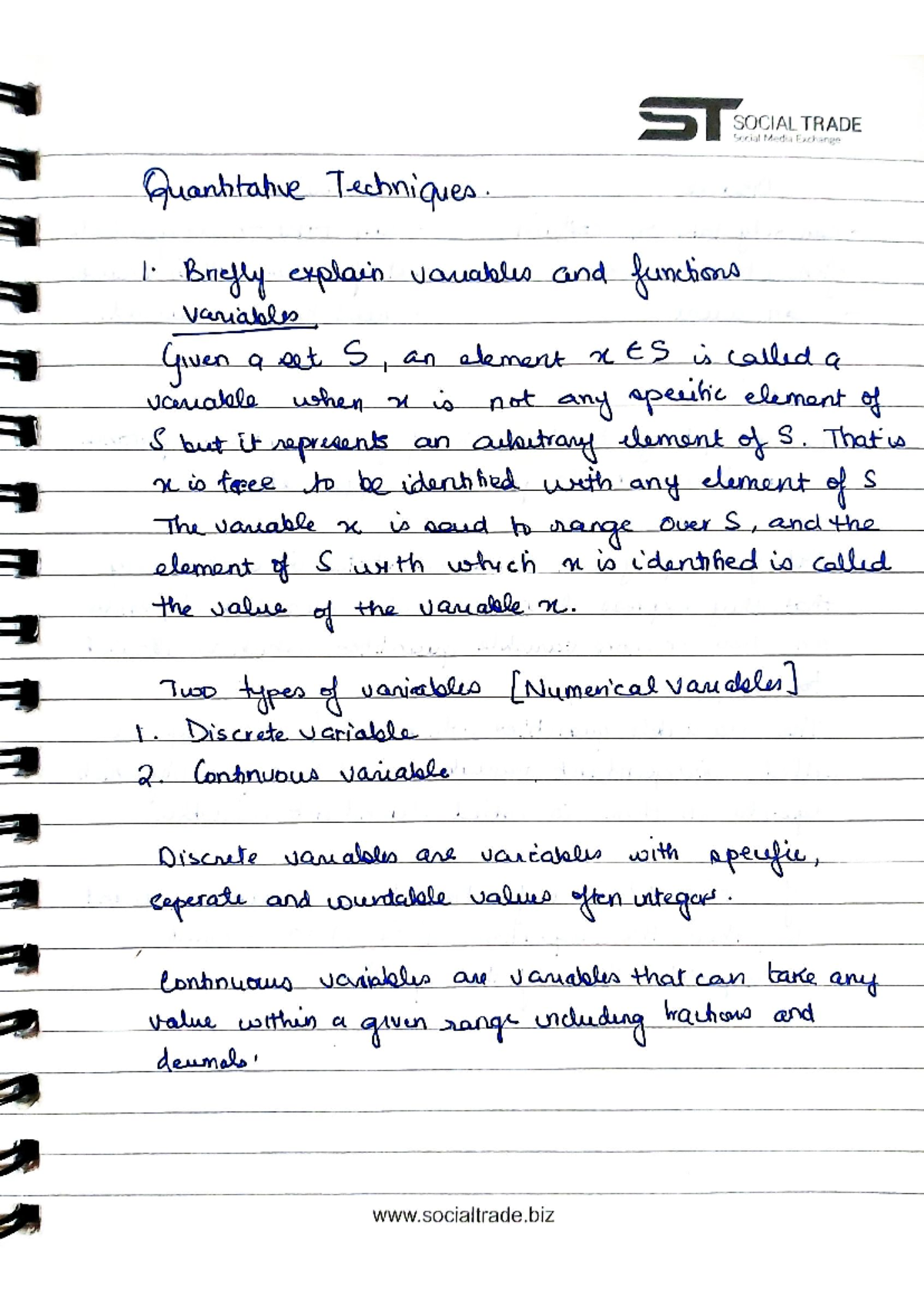 STS SOCIAL TRADE Social Media Exchange Quantitative Techniques Notes ...