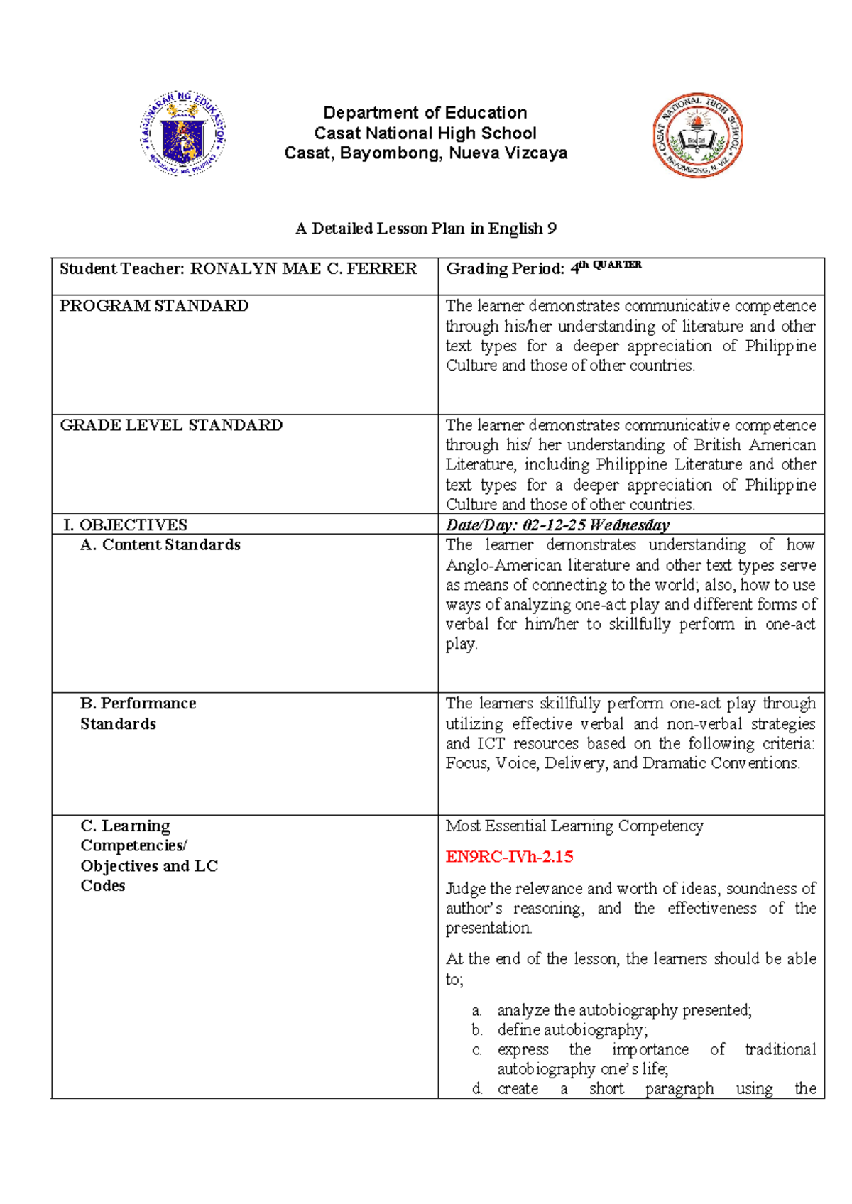 Detailed Lesson Plan on Traditional Autobiography for English 9 - Studocu
