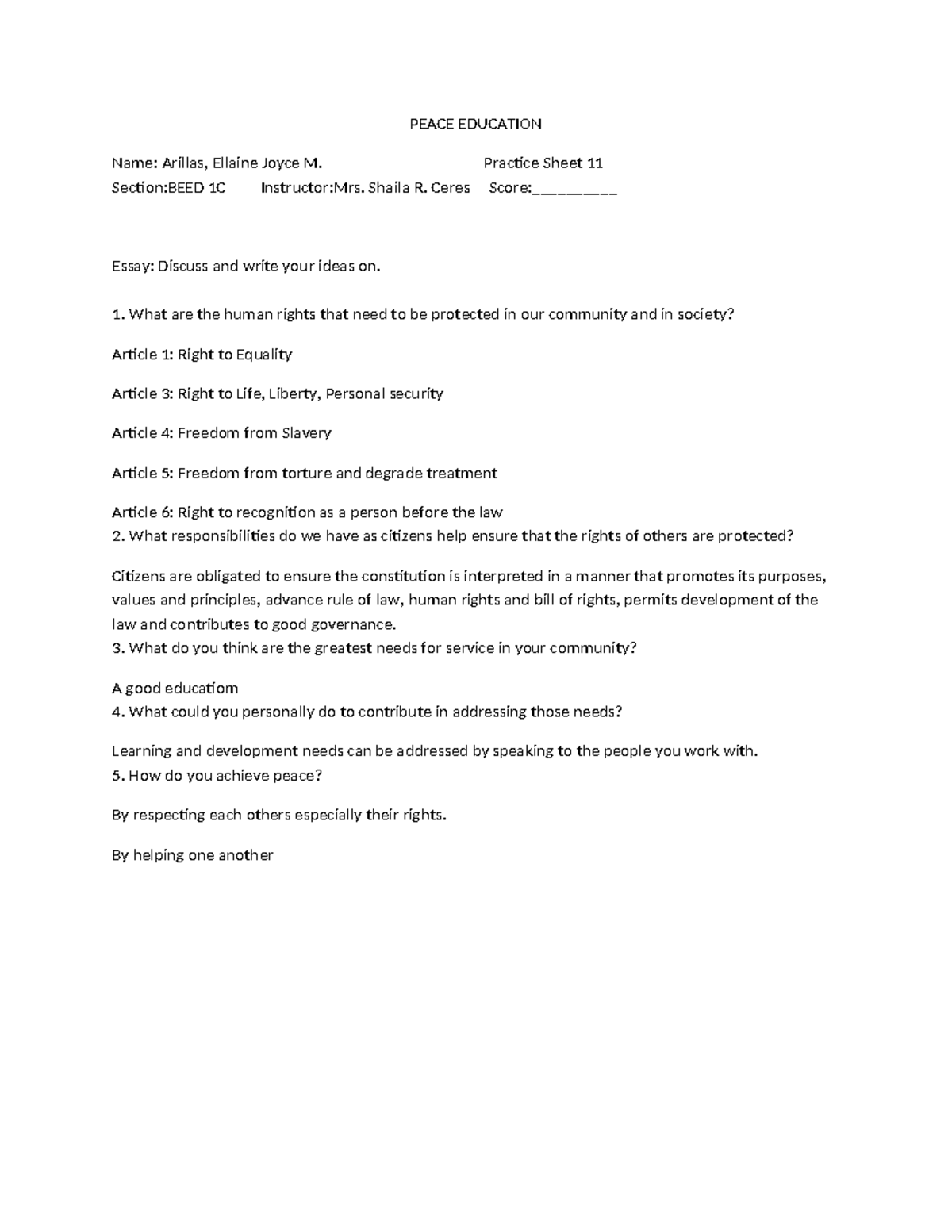 Peace Education Practice Sheet - BEED 1C Exam Notes - Studocu