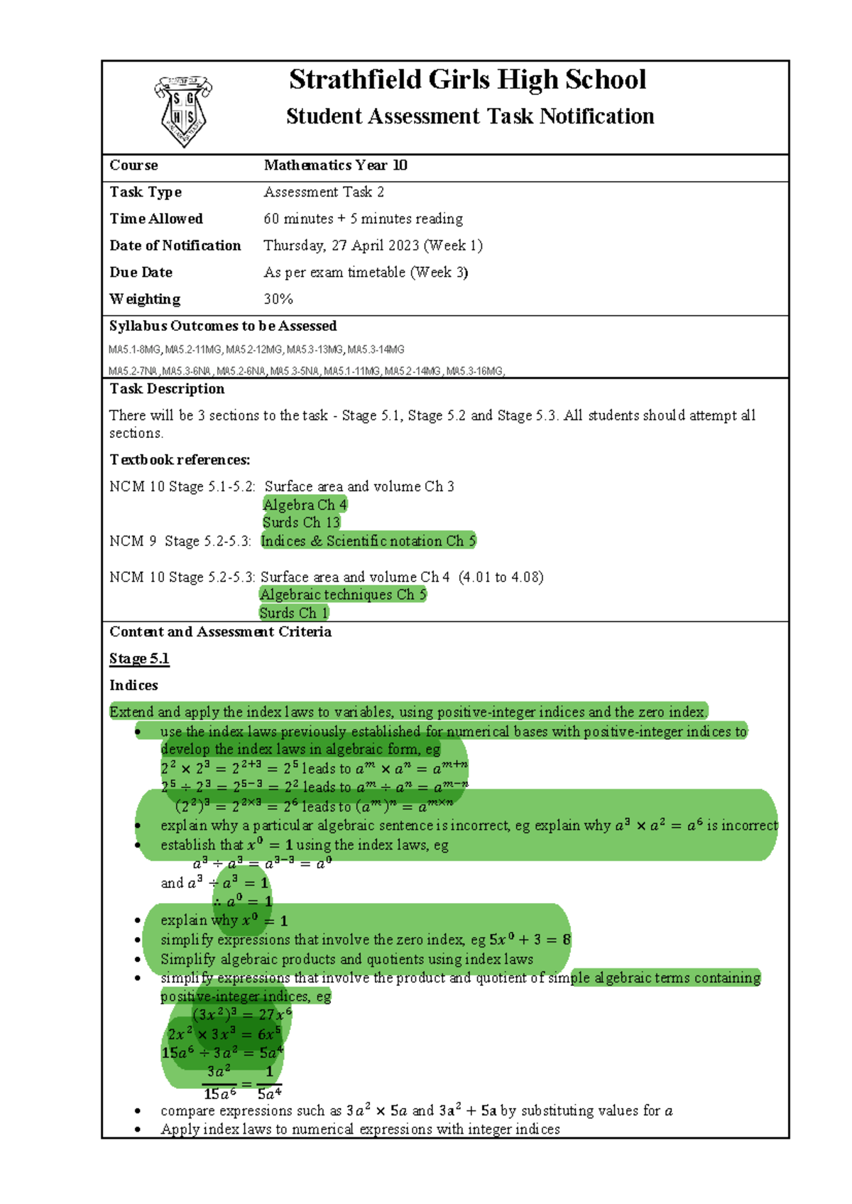 2023 Year 10 Mathematics Assessment Task 2 Notification - Studocu