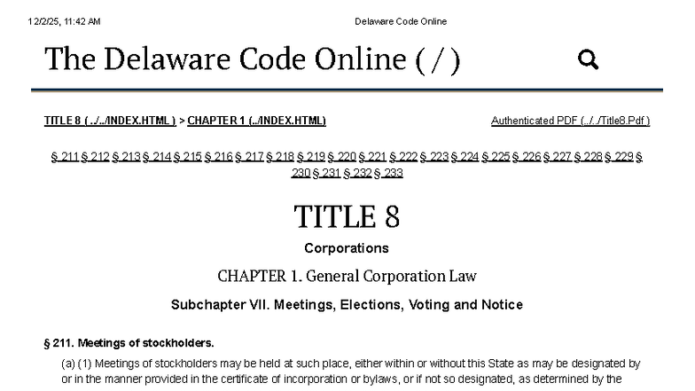 Delaware Code Online: Title 8, Chapter 1 - General Corporation Law ...
