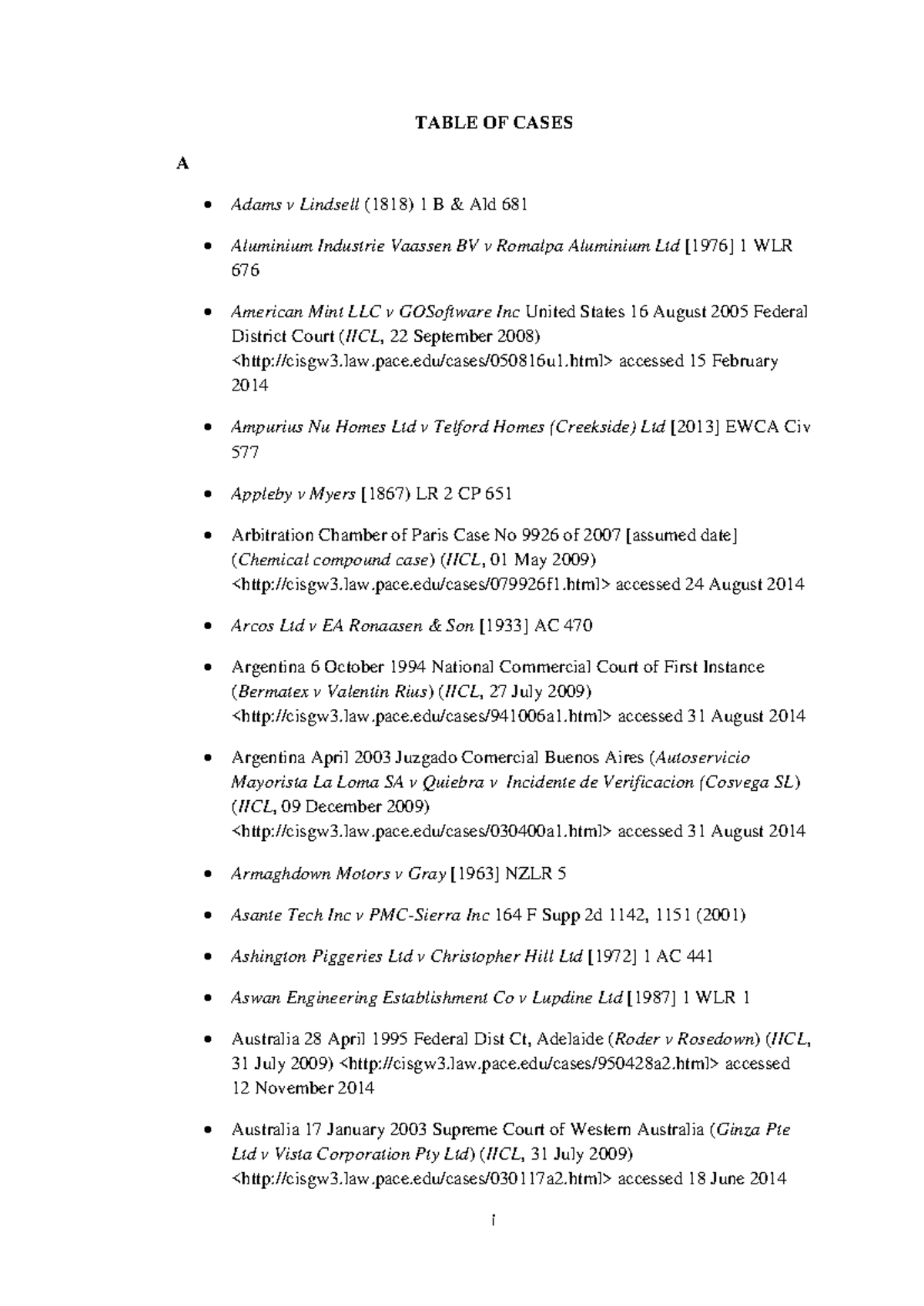 Table of Cases for Legal Studies - IICL Reference - Studocu