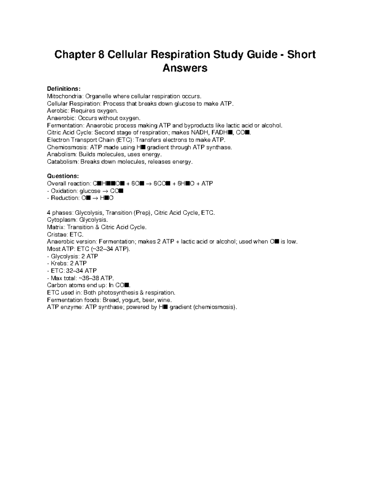 Cellular Respiration Study Guide: Key Concepts & Definitions (Chapter 8 ...