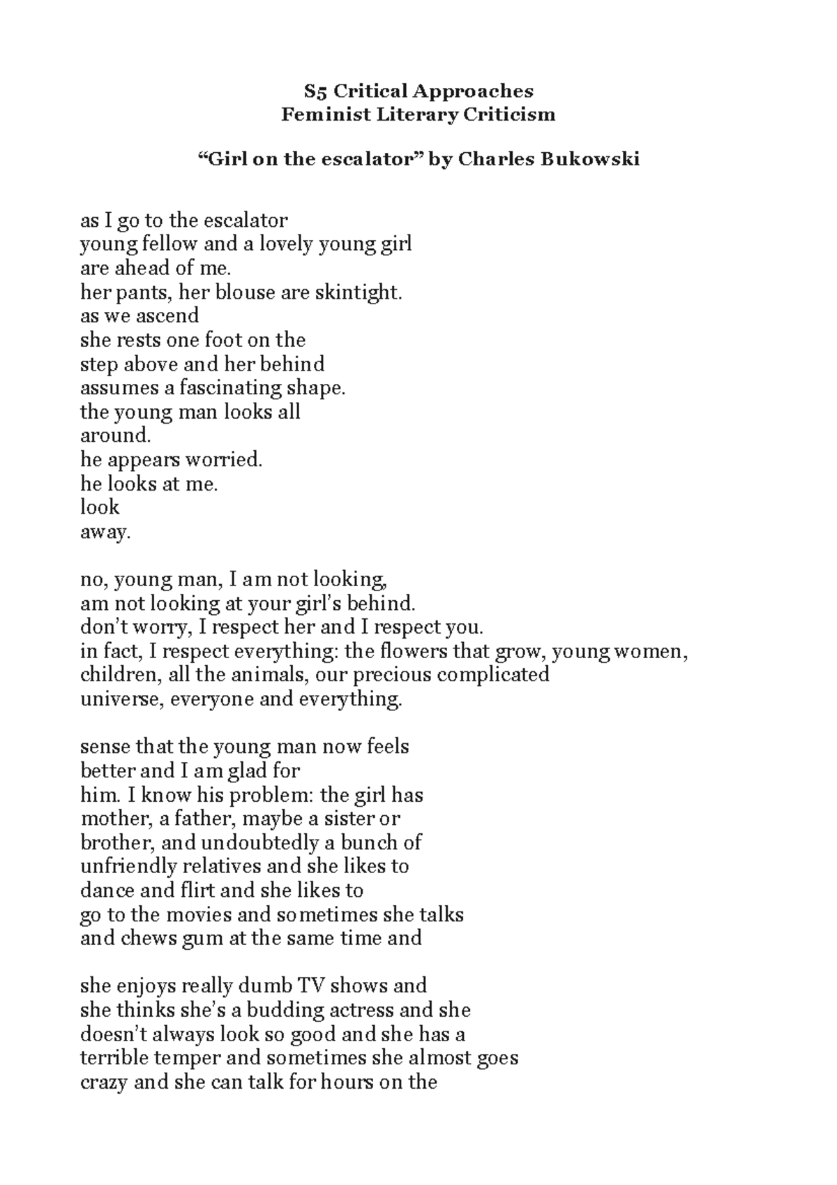 S5 Feminist Literary Criticism of Bukowski's Poem Analysis - Studocu
