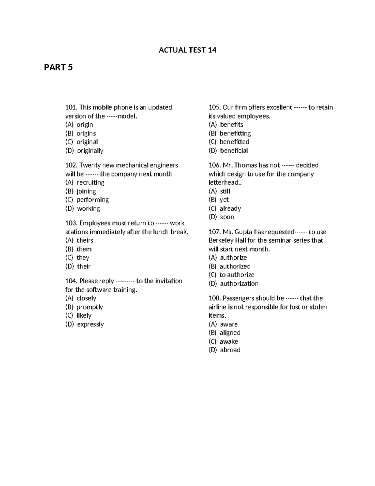 Actual Test 14 (Part 5) - Quiz Questions and Answers - Studocu