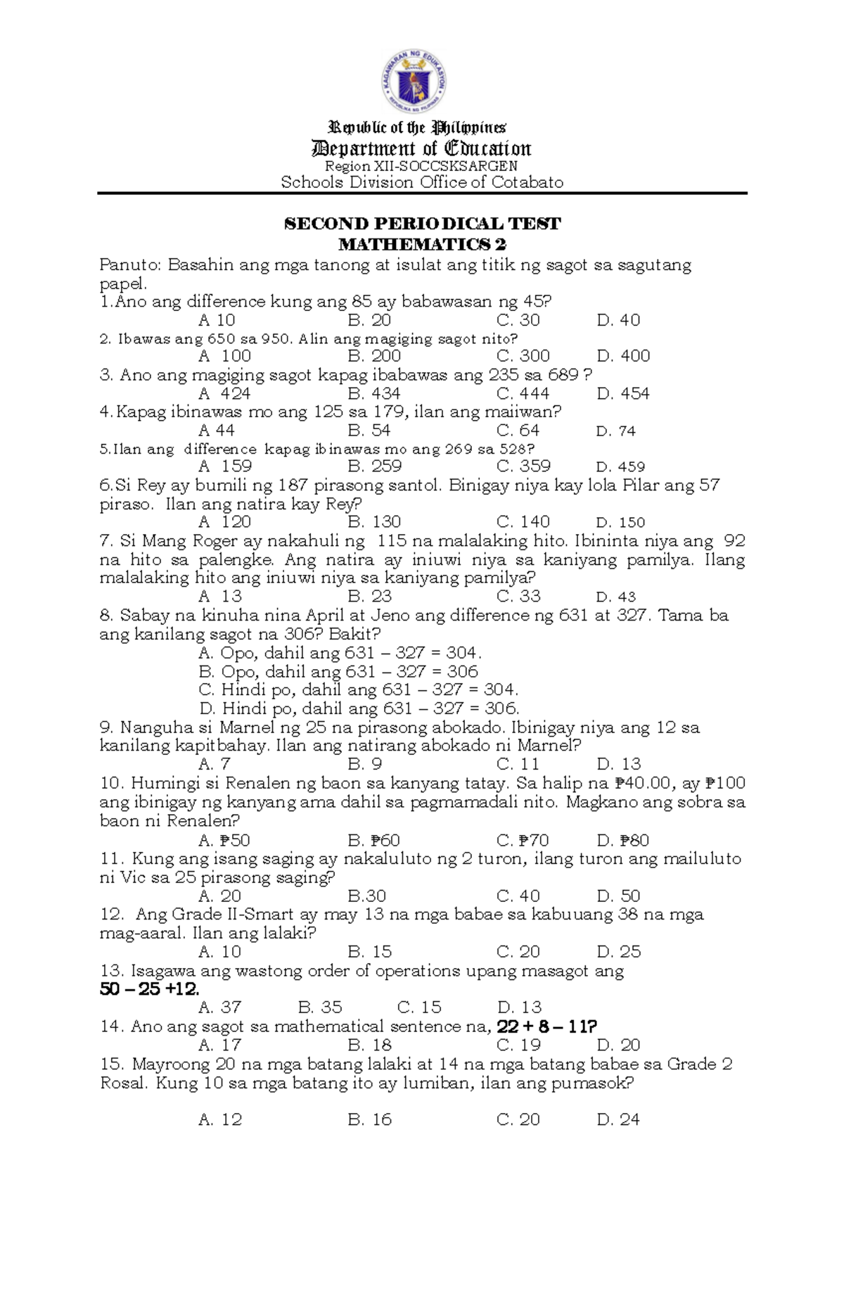 Mathematics 2 Second Periodical Test - Quarter 2 Exam - Studocu