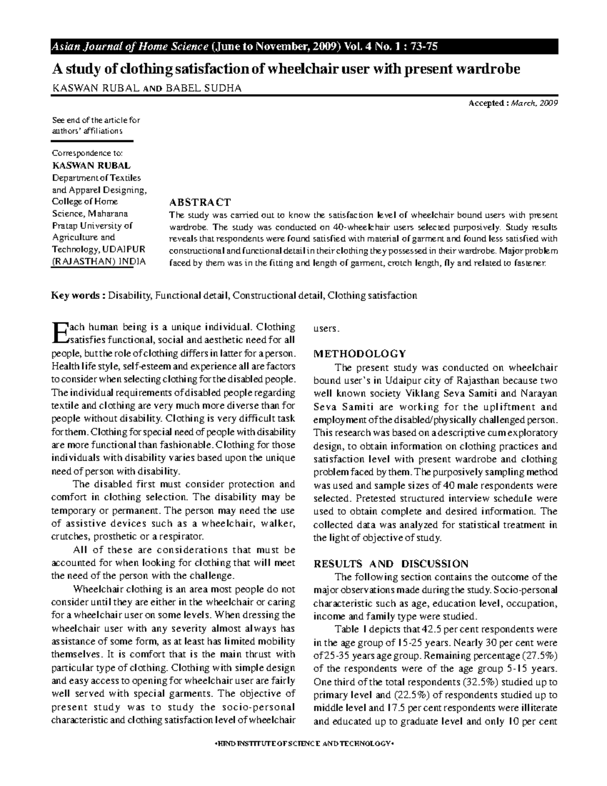 Clothing Satisfaction Study of Wheelchair Users: J. Home Sci. Vol. 4 ...