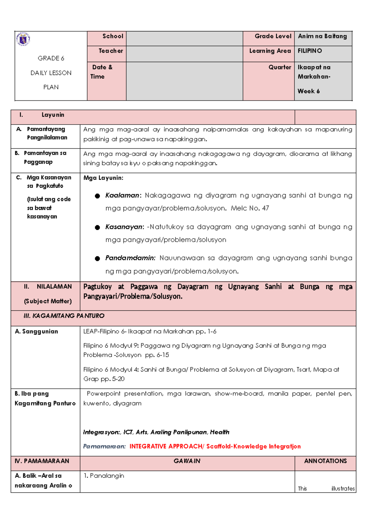 COT FIL 6 Q4 W6: Daily Lesson Plan on Cause and Effect in Filipino - Studocu