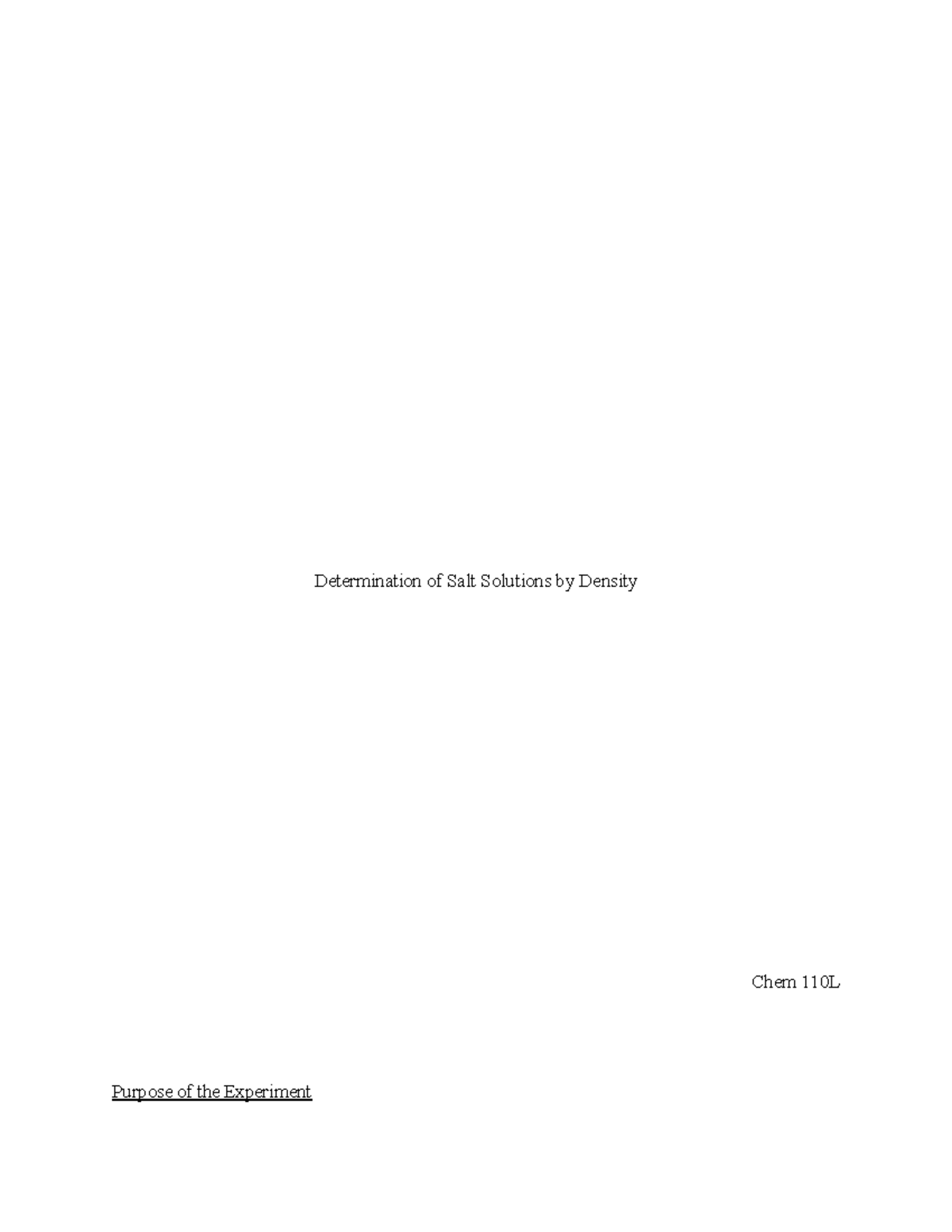 Chem 110L Lab Report: Density of Salt Solutions Experiment - Studocu