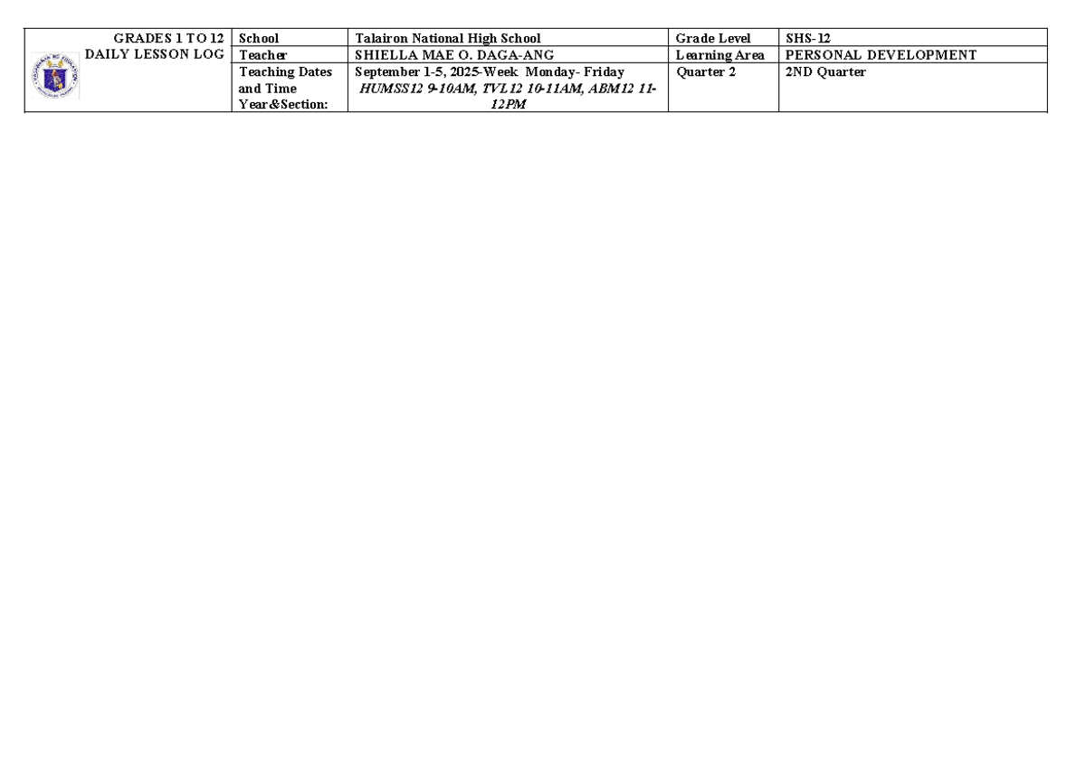 DLL-Q2-PERDEV: Weekly Lesson Log for Personal Development (W1) - Studocu