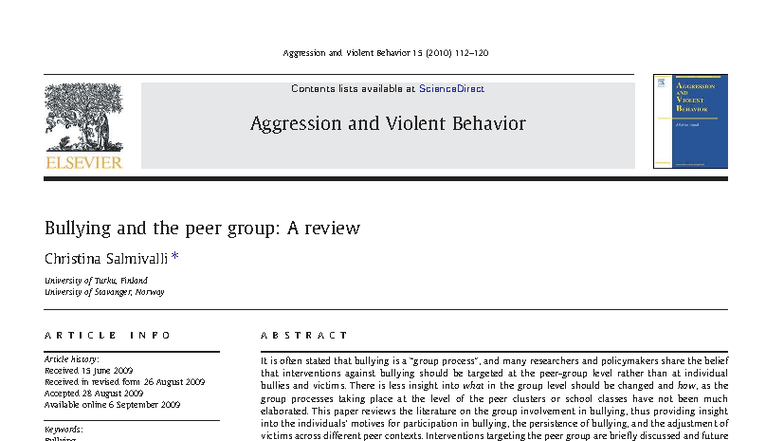 Bullying and the Peer Group: A Comprehensive Literature Review (PSY 101 ...