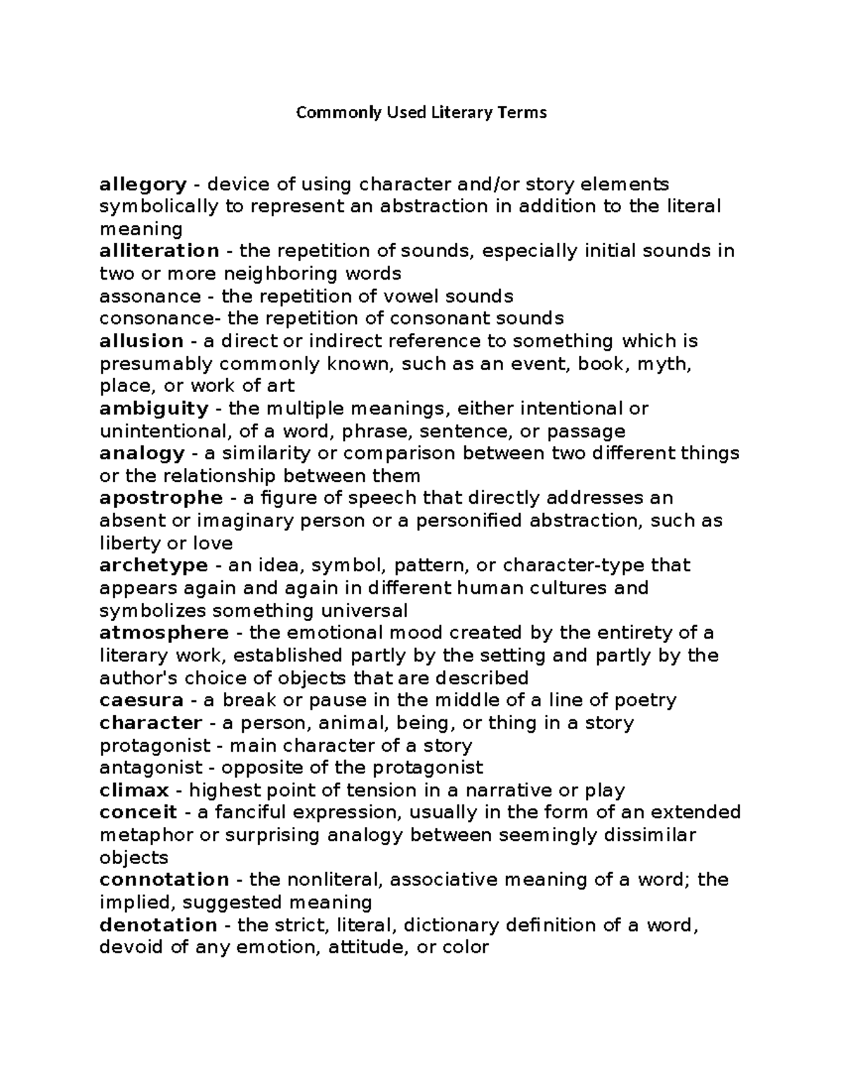 American Literature Literary Terms Glossary for Study - Studocu