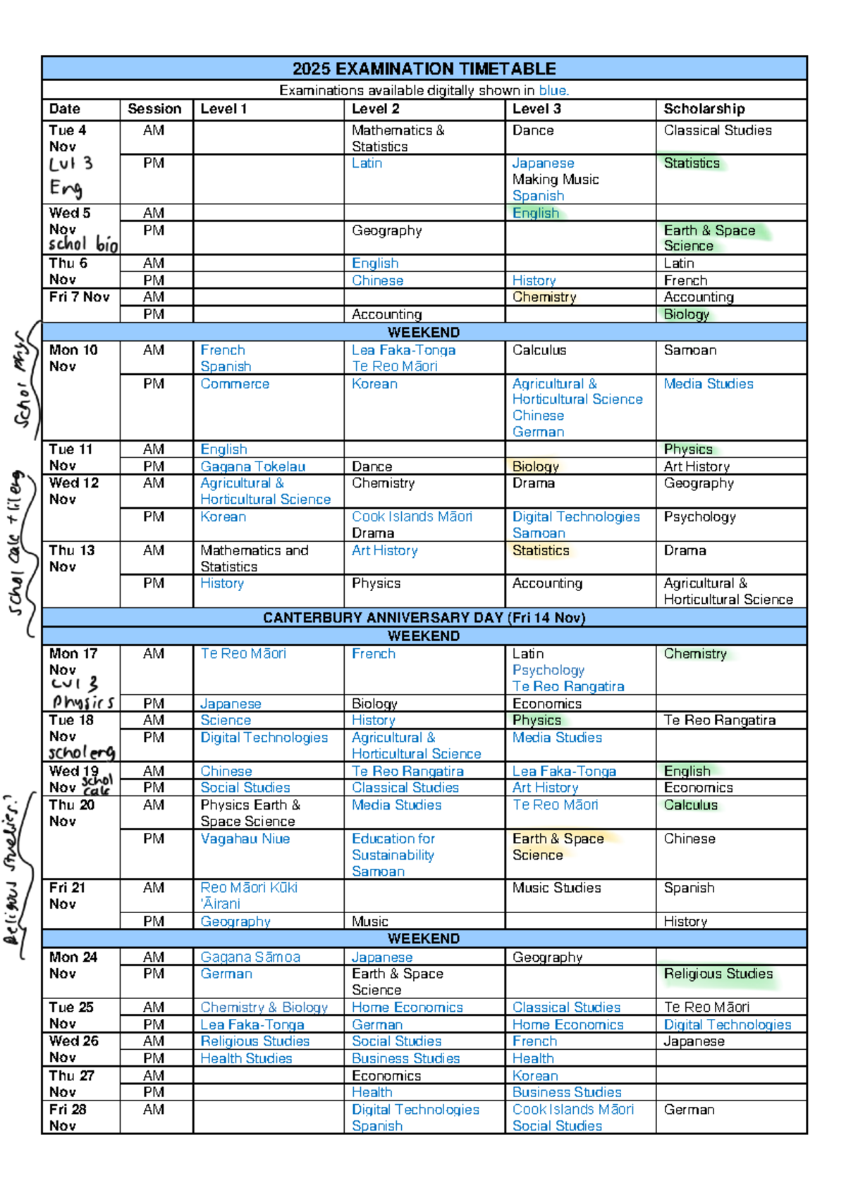 2025 NCEA & NZ Scholarship Exam Timetable Overview - Studocu