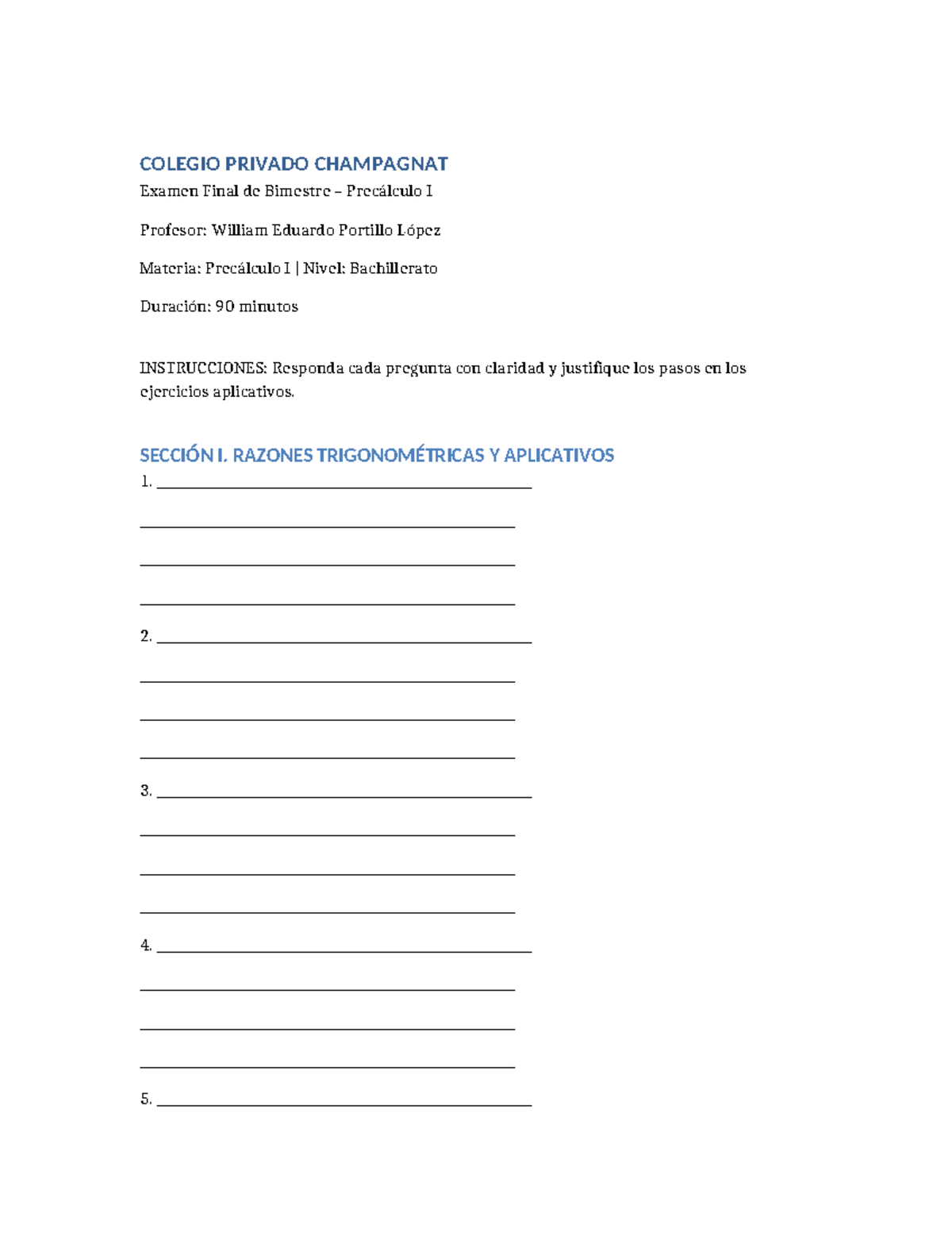 Examen Final de Bimestre Precálculo I - Versión Final - Studocu