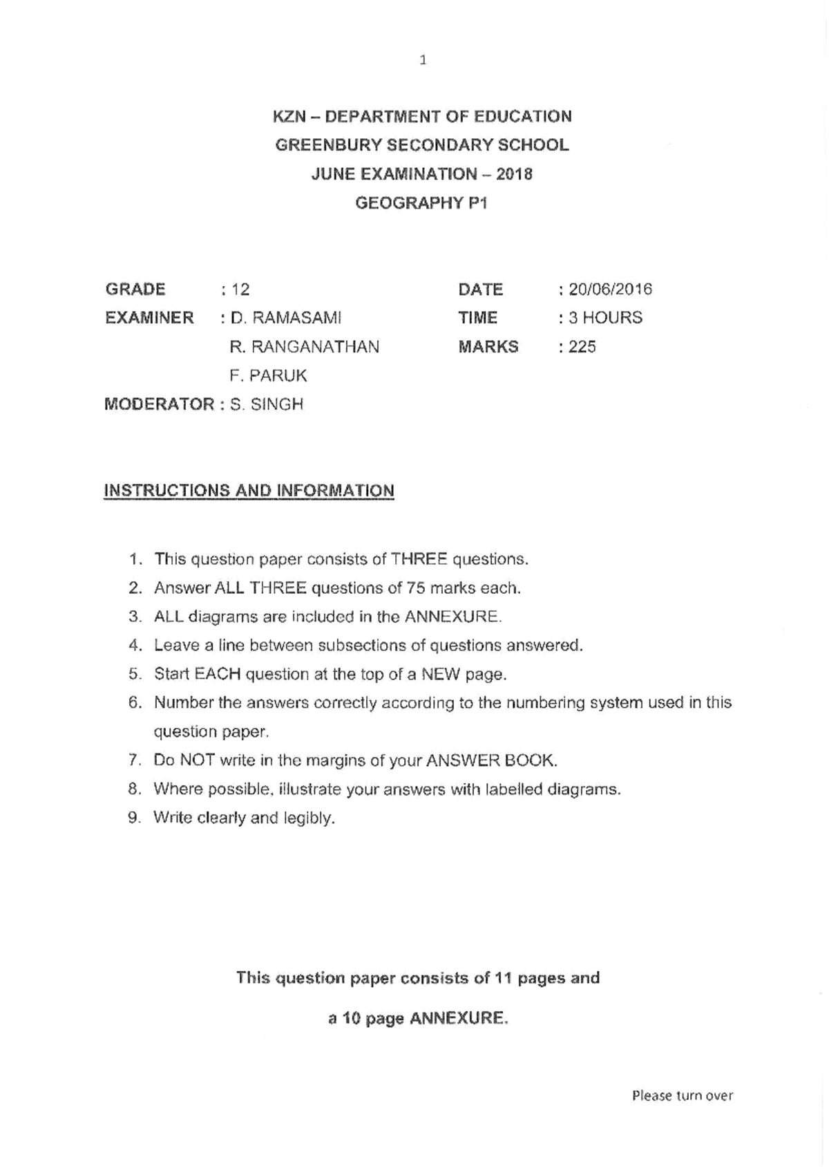 Grade 12 Geography P1 June Exam 2018 - Question Paper & Memo - Studocu