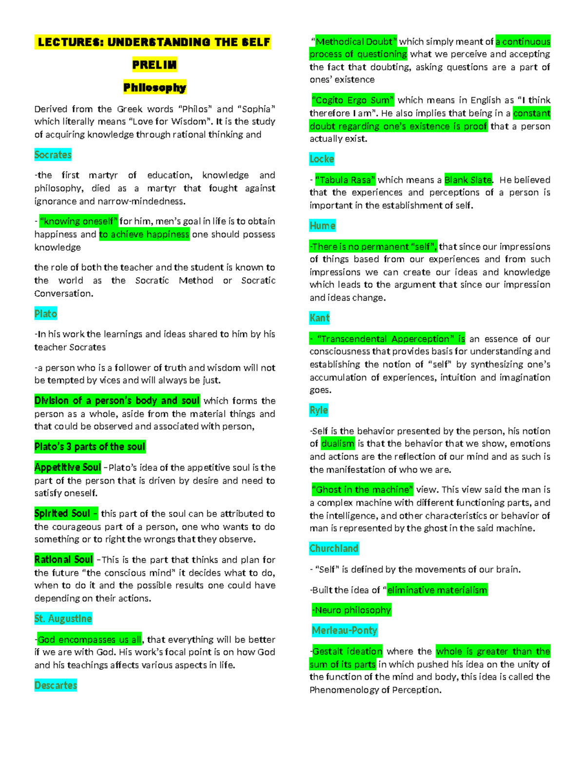 Prelim Reviewer: Understanding the Self in Philosophy (UNDS-2) - Studocu