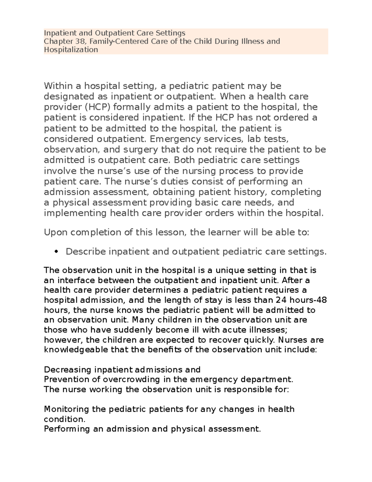 Pediatric Inpatient & Outpatient Care Settings - Chapter 38 Overview ...