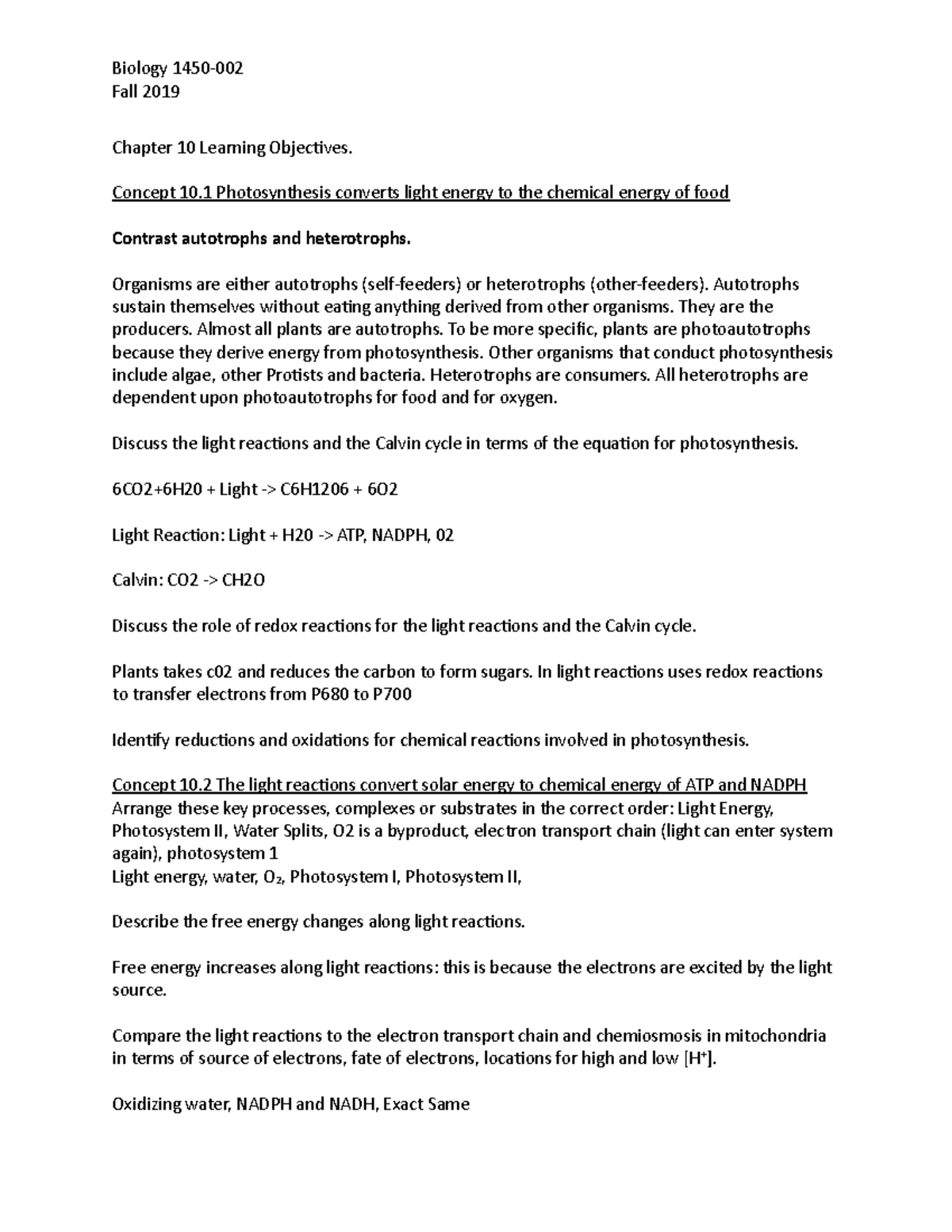 Ch 10 Learning Objectives - Concept 10 Photosynthesis converts light ...