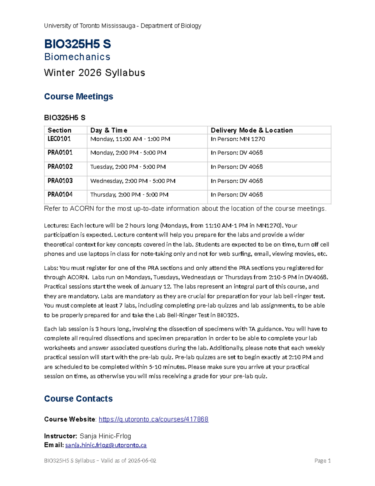 BIO325H5 S Biomechanics Winter 2026 Course Syllabus and Schedule - Studocu